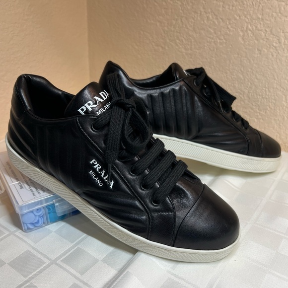 Prada | Shoes | Prada Logo Quilted Leather Sneakers Black Sz Eu 37 Us ...